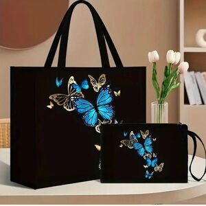 Bags | Nwt Black And Blue Butterfly Tote Bag Set | Poshmark